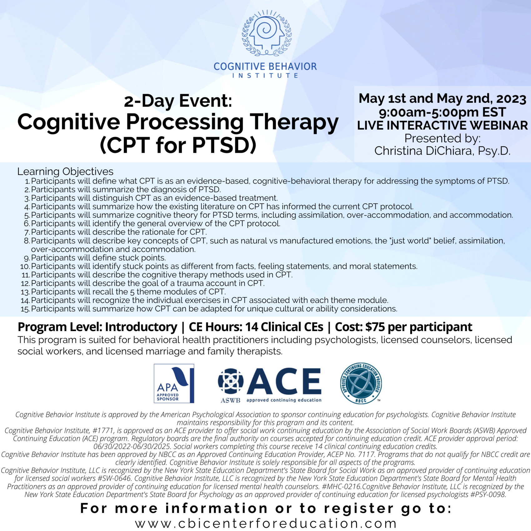 2 Day Intensive Workshop Cognitive Processing Therapy CPT For PTSD CBI